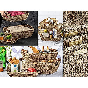 ADO Basics Wicker Basket with Stain Resistant Wooden Handles, Seagrass Wicker Baskets for organizing 14.6inchx10.5inchx5.3inch and 13inchx7.4inchx5.1inch and 9.5inchx6.6x4.5, Set of 3,Natural