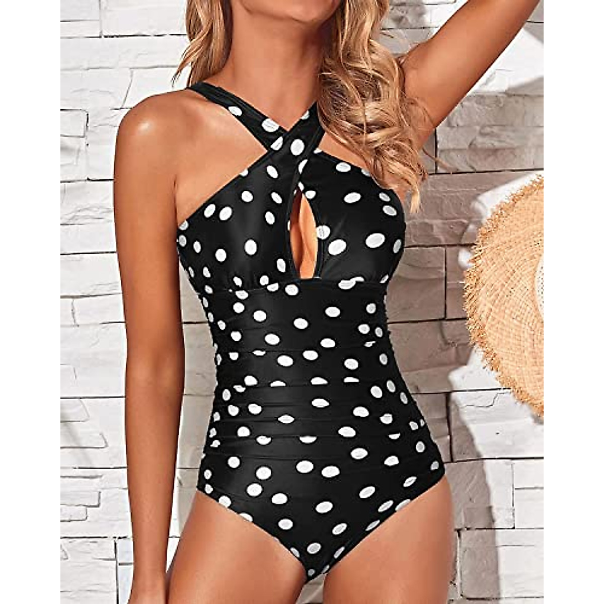 Tempt Me Women Polka Dot One Piece Swimsuits Front Cross Keyhole Tummy Control Backless Bathing Suit Large