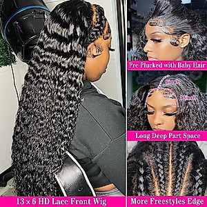 Hswpawk 13x6 Deep Wave Lace Front Wigs Human Hair HD Transparent Lace Front Wigs Human Hair Pre Plucked 180% Density Glueless Wigs Human Hair with Baby Hair Deep Curly Wigs for Women Natural Color 24