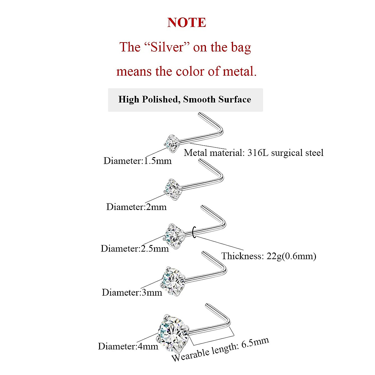 FANSING 5pcs 22g Surgical Steel Nose Rings Studs 1.5mm 2mm 2.5mm 3mm 4mm CZ Diamond Nose Studs Cubic Zirconia Nose Stud Silver L Shaped Nose Studs for Women Nostril Piercing Jewelry 22 Gauge