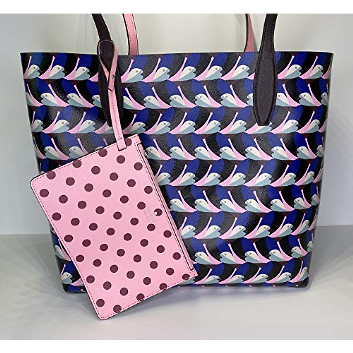 Kate Spade New York Arch Love Birds Large Reversible Tote bundled with matching Large Slim Bifold Wallet (Pink/Blue/Geo Birds)