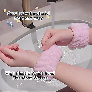 Fecawd Skincare Headbands for Women, Sponge Makeup Headband Set, Spa Headband for Washing Face Wristband Set, Puffy Headwear for Makeup Removal Hair Accessories Terry Cloth Hair Band(Pink)