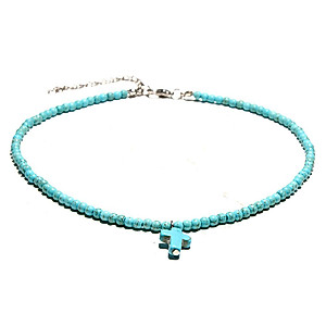 Cross Pendant Necklace Round Turquoise Clavicle Necklace Handmade Beads Choker for Women Girls