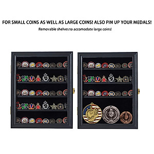 Jinchuan Military Challenge Coin Display Case Lockable Cabinet Rack Holder Shadow Box with Removable 2 Grooves Shelves and Anti Fade Acrylic Glass Door for Casino Poker Chips Collectibles Black
