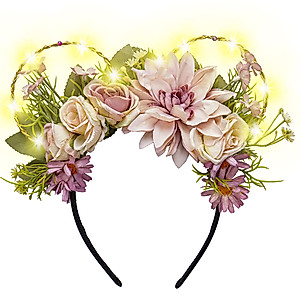 VISSTREE Led Mouse Ears Flower Headband Crown for Adult Women Girls Park, Light Up Mouses Ears Headwear for Animal Theme Wedding Party Daily Park Birthday Baby Shower Halloween Photoshoot Accessories