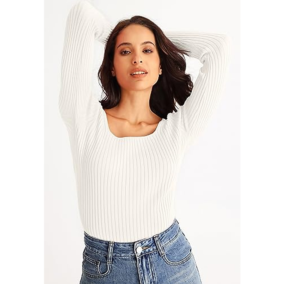 MEROKEETY Women's 2024 Square Neck Long Sleeve T Shirts Slim Fitted Ribbed Knit Casual Tee Tops, White, S