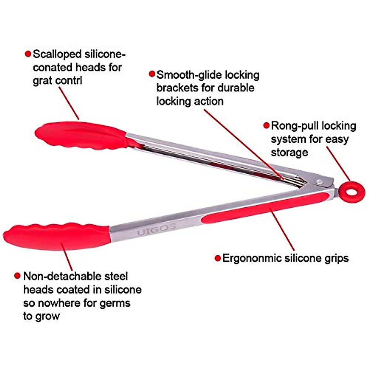 Uigos Kitchen Cooking Food Tongs Stainless Steel With Silicone Heads Locking Clip 2 Piece  (9" & 12")