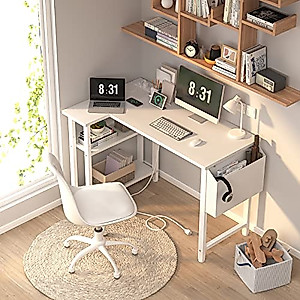 Lufeiya White L Shaped Computer Desk with Power Outlet Shelves, 40 Inch Small Corner Desk for Small Space Home Office, L-Shaped Desk PC Desks, White