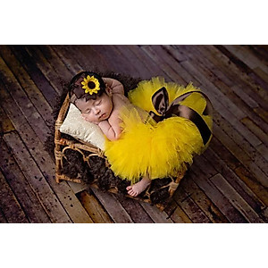 Brenaly Newborn Photography Prop Infants Baby Sunflower Tutu Skirt and Pink Lace Rompers Flower Headband Sets Shoot Outfits for 0-6 Months Baby Girls