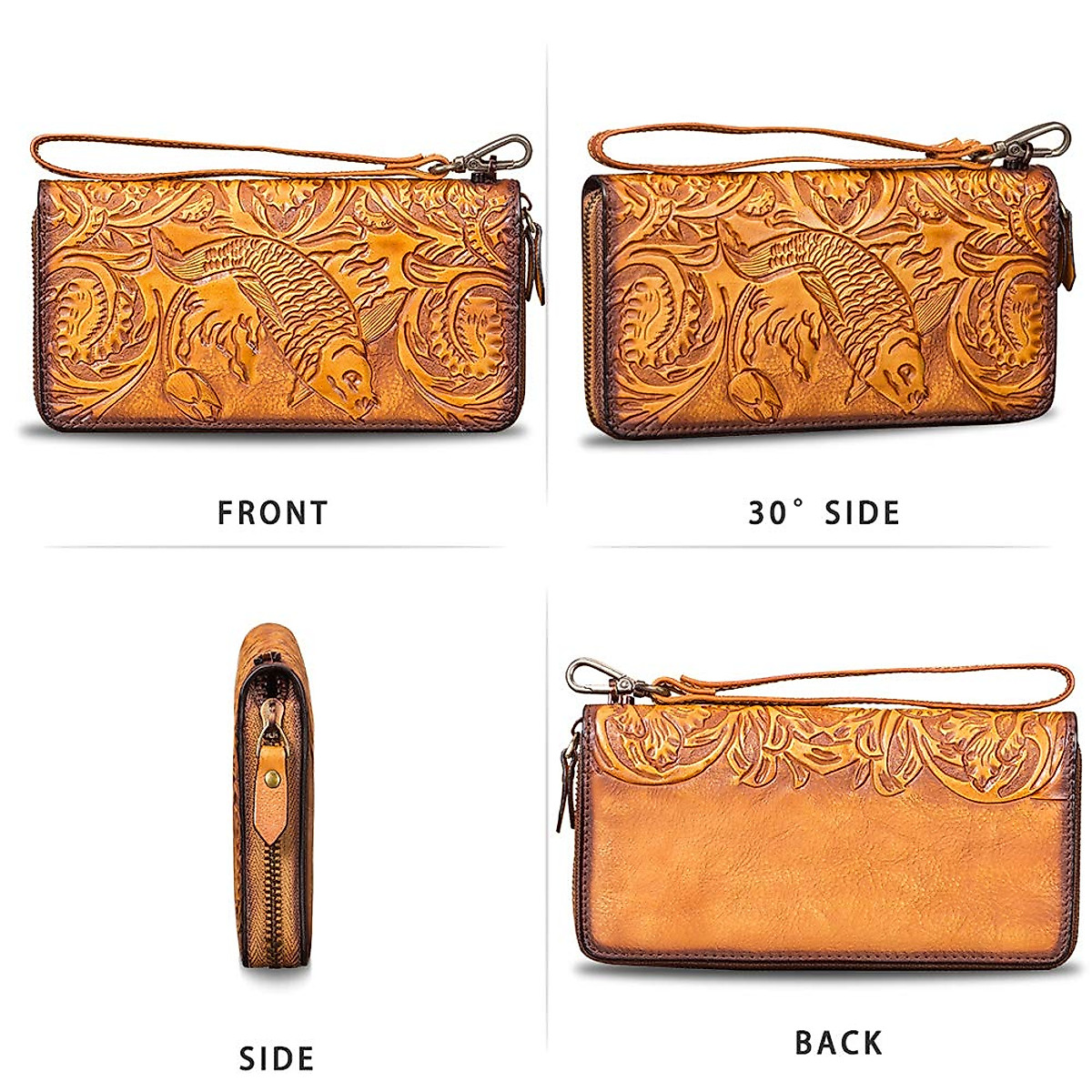 Genuine Leather Wallet Women's Zip Around Wristlet Long Purse Vintage Embossing Cowhide Capacity Handmade Clutch (Brown)