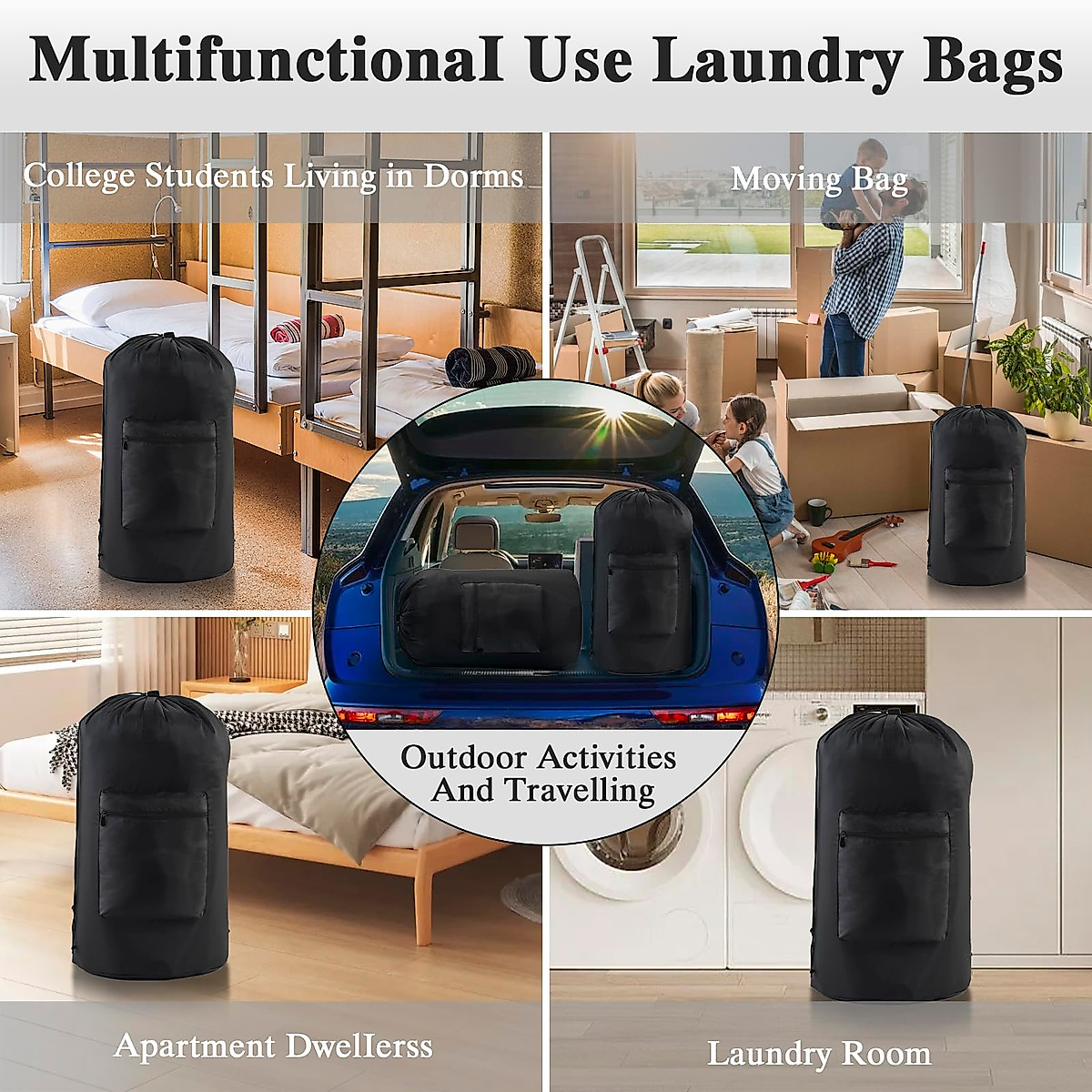 OTraki Laundry Bag 16 x 32 Inch Extra Large Dirty Clothes Laundry Backpack with Handle Adjustable Shoulder Straps Drawstring for Traveling Camping College Dorm Laundromat Black