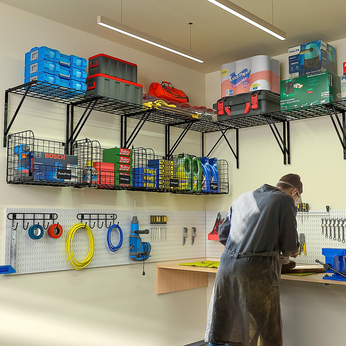 ThreeHio 2 Pack Garage Shelves Wall Mounted with Wire baskets, Heavy Duty Garage Wall Shelving with Hooks, Wire Shelf Baskets Tool Organizer for Home Garden Garage Organization and Storage