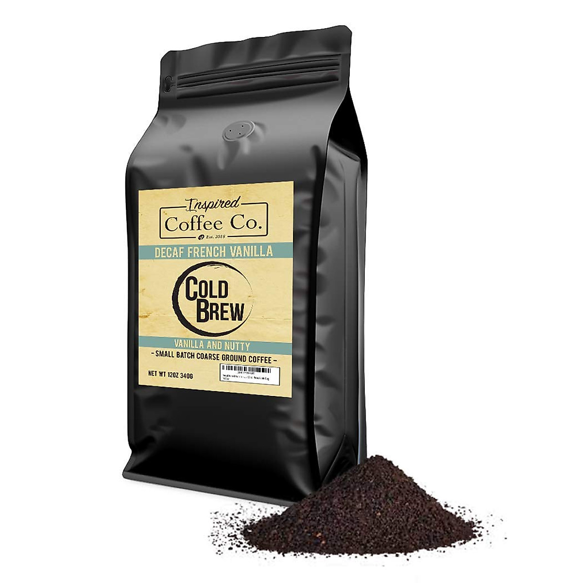Decaf French Vanilla - Flavored Cold Brew Coffee - Inspired Coffee Co. - Swiss Water Process - Coarse Ground Coffee - 12 oz. Resealable Bag, Blue and Black