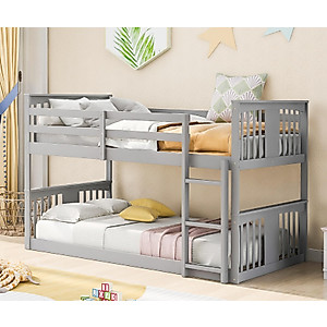 Merax Kids Bunk Bed Twin Over Twin, Wood Low Floor Bunkbed with Stairs Guardrail for Boys, Girls, Toddlers, No Box Spring Required, Grey