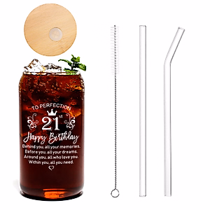 21st Birthday Gifts for Her, Happy 21st Birthday Decorations for Her, Funny 21 Year Old Birthday Gift Ideas for Her, Friends, Sister, Daughter - 16 Oz Can Shaped Glass Cups with Lids and Straws
