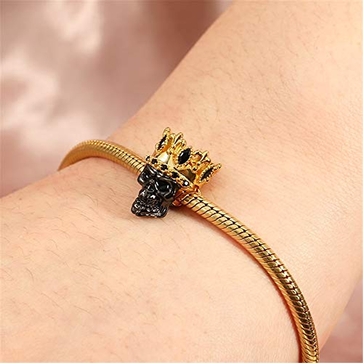 GNOCE Crown Skull Charm Bead Sterling Silver 18K Gold Plated Black Charm Bead Fit Bracelet/Necklace for Women Wife