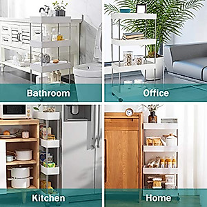 Storage Cart by PILITO, Rolling Utility Cart Mobile Shelving Unit Organizer with Wheels for Bathroom, Kitchen, Office, Home, Laundry Room & Dressers, Plastic & Stainless Steel, White (4-Tier)