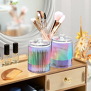 2 PACK Hologram Iridescent Foil Effect Qtip Holder Dispenser for Cotton Ball, Cotton Swab, Cotton Round Pads, Floss Picks - Plastic Apothecary Jar Set for Bathroom Canister Storage Organization
