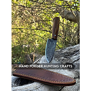 Hand Forger Hunting Crafts 10" Damascus Steel Gut Hook Full Tang Fixed Blade Hunting Knife with Sheath - Stag Horn Antler Handle (Rose Wood)