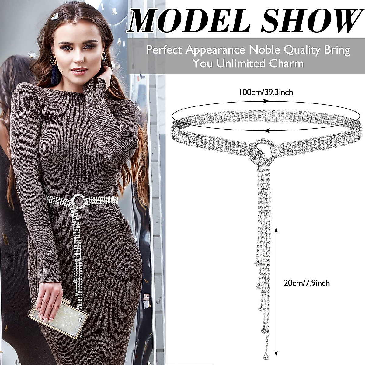 Vabean 2 Pieces Rhinestone Belt for Women Shiny Crystal O-Ring Waist Belts for Dress Diamond Chain Belt for Ladies Dress Gift (Silver)