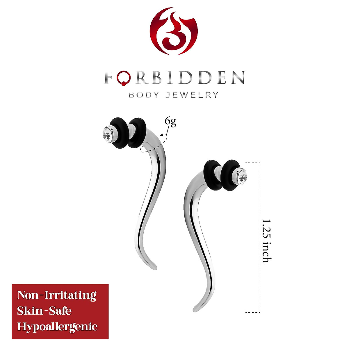 Forbidden Body Jewelry Pair of Surgical Steel 6g Round Cubic Zirconia Crystal Curved Hanging Taper Earrings