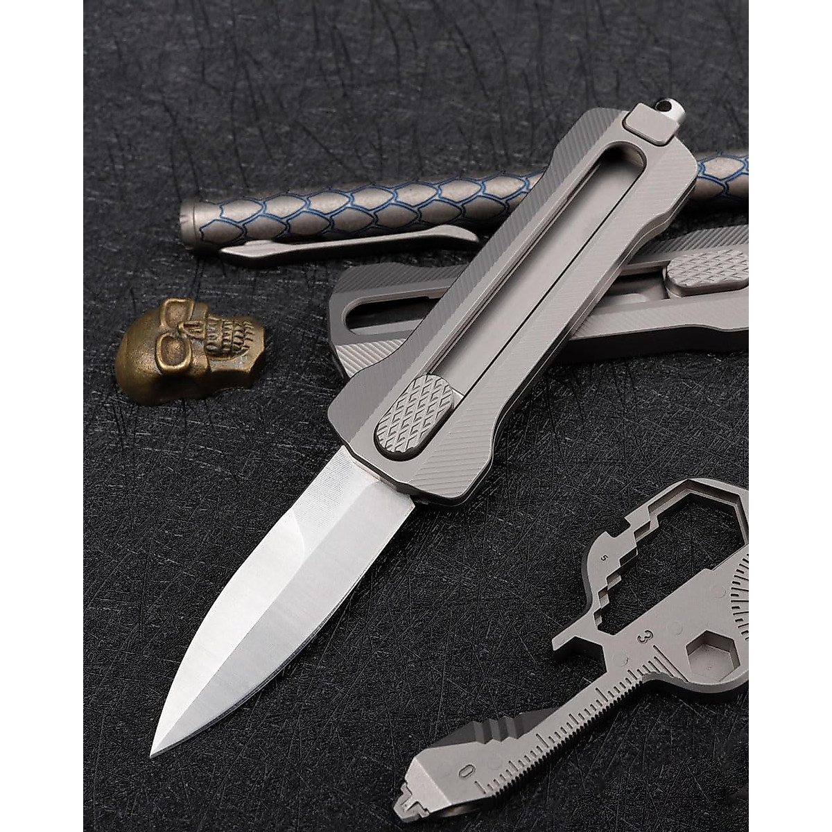 Tenchilon T33 Compact Retractable EDC Utility Box Cutter Pocket Knife, 1.9 inches D2 Spear Point Blades, 3.3 inches TC4 Titanium Handles
