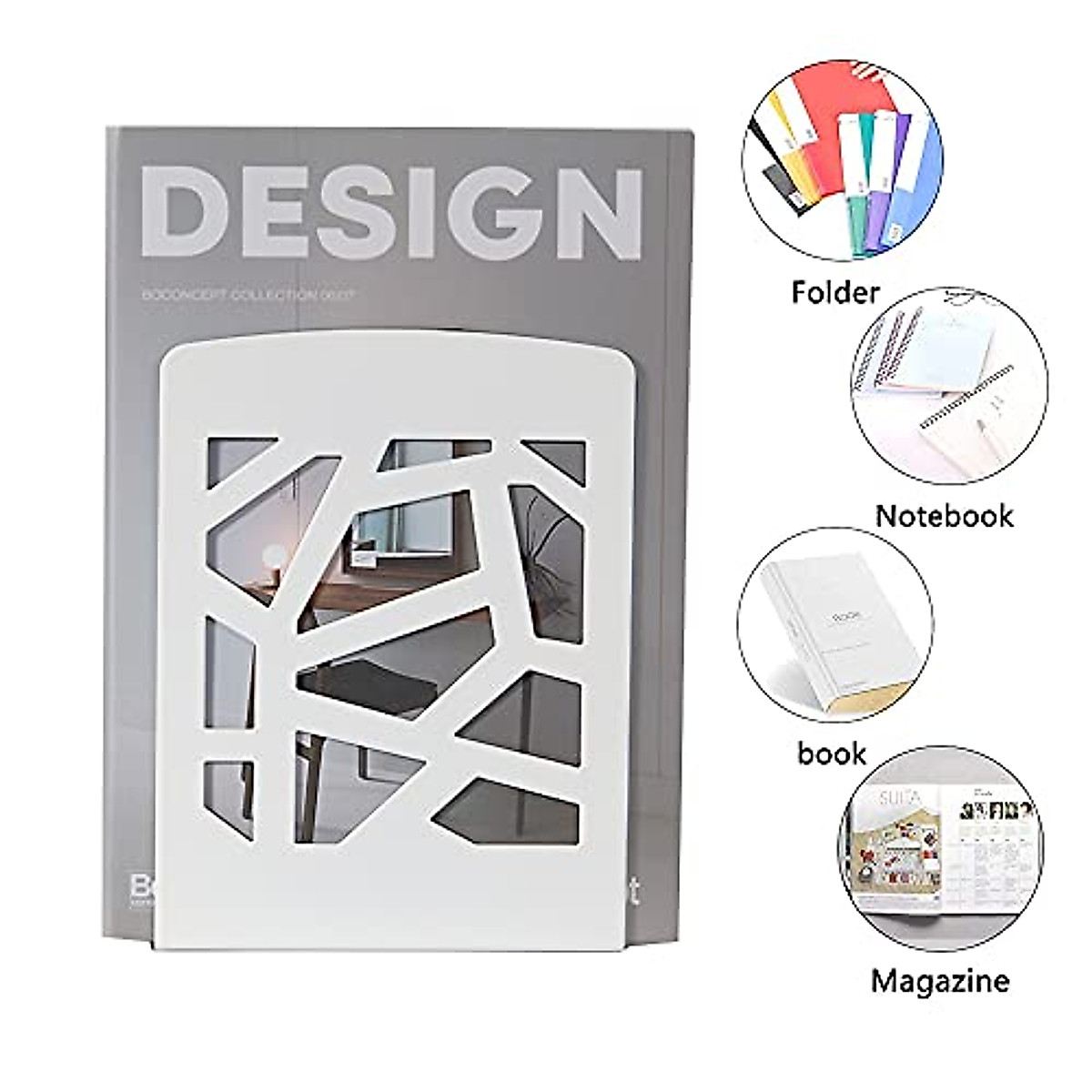 COCOMK Book Ends,Bookends for Shelves,Decorative Bookend Heavy Duty Book End for Office,Home,Black Book Holder for Kids, White