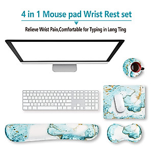 ArtSo Keyboard Wrist Rest and Mouse Pad with Wrist Support Set Ergonomic Coaster, Memory Foam Mousepad Non-Slip Rubber Base Durable Comfortable for Easy Typing Pain Relief, Teal Turqoise Marble
