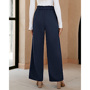 GRAPENT Women's Summer Business Casual Wide Leg Pleated Front Navy Blue Pants Size L