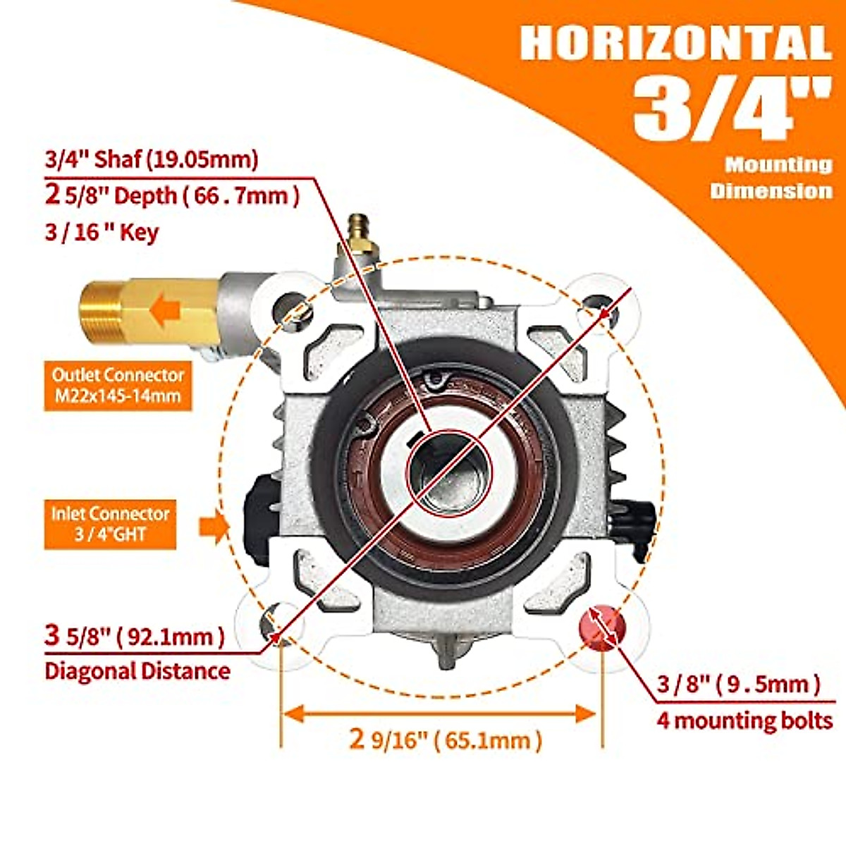 2400-2800PSI Pressure Washer Replacement Pump, 3/4" Shaft Horizontal Pressure Pump Replacement Power Washer Pump Universal Pumps for Power Washer