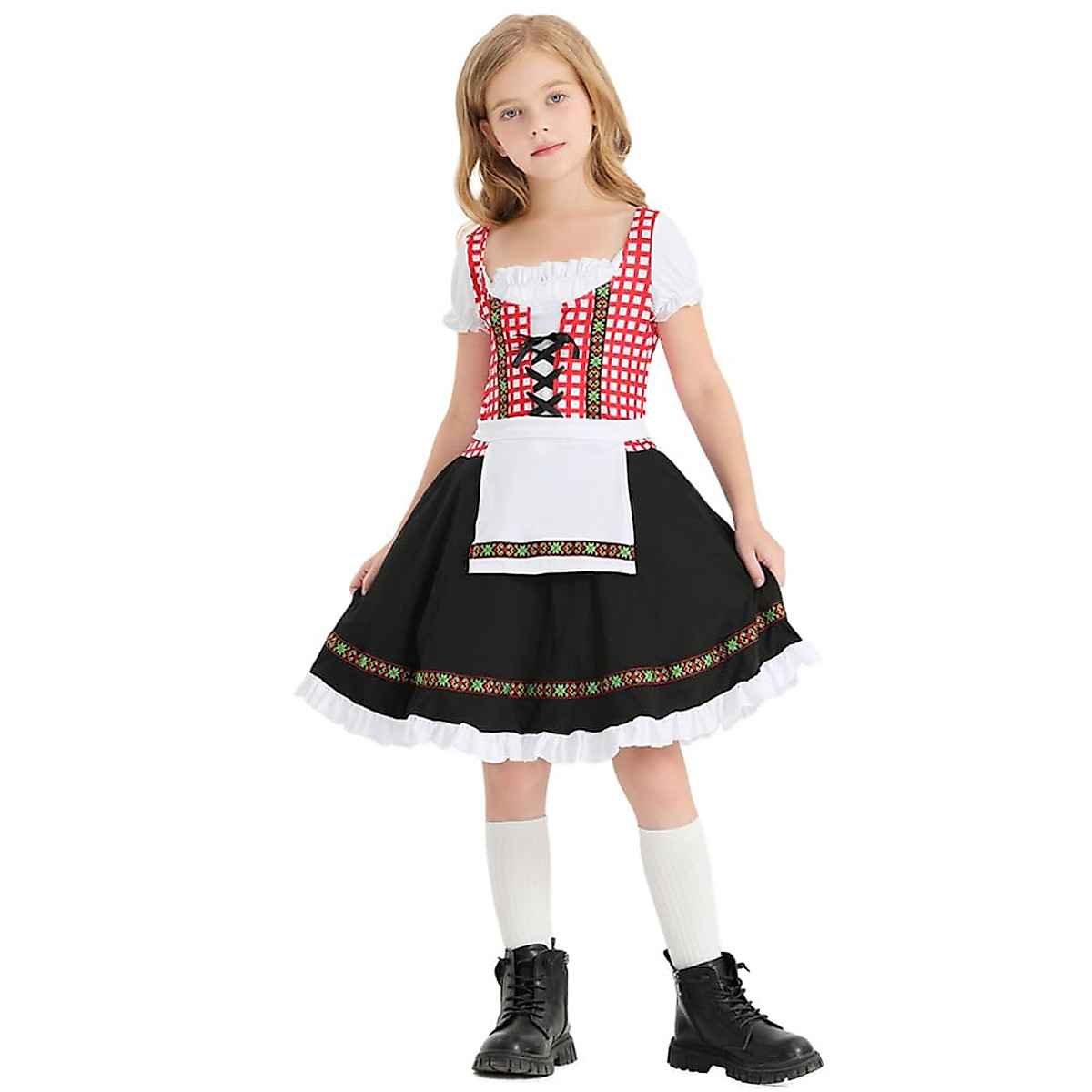 IBTOM CASTLE Oktoberfest Dress, Kids Girls German Oktoberfest Costume Traditional Bavarian Beer Carnival Fraulein Cosplay Dress Outfit Pink Plaid Top Swing Vintage Pageant Dress Black 3-4T