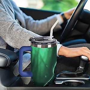 LLUTSNTH 40 Oz Vacuum Tumbler with Deep Blue Handle Leakproof Insulated Tumbler Green Wolf Stainless Steel Travel Mug with Lid And Straw Coffee Cup Cute Water Bottles Cup Holder Friendly