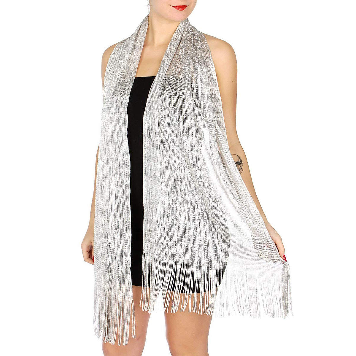 SERENITA Evening Shawl Wrap for Dress. Large Metallic Wedding Bridal Party Fishnet Soft Scarf (Silver)