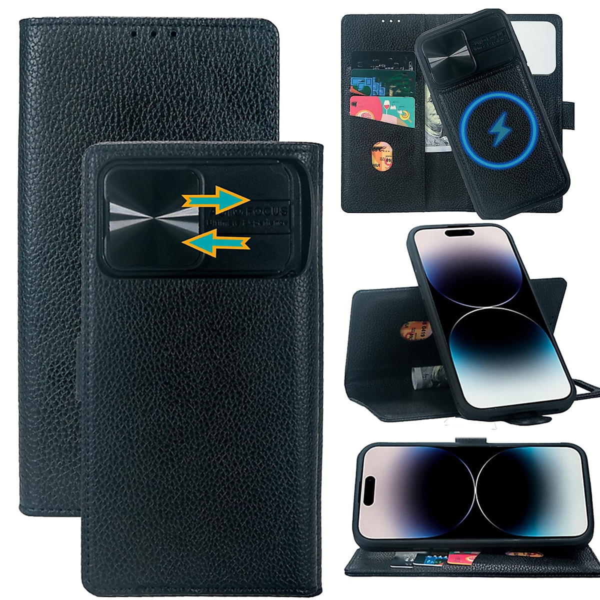 Vitodo Compatible with iPhone 15 Pro Max Wallet Case - Magnetic Detachable 2 Style Cases with Card Slot & Camera Cover, RFID Blocking Premium Leather Kickstand 360° Full Protection Flip Case (Black)