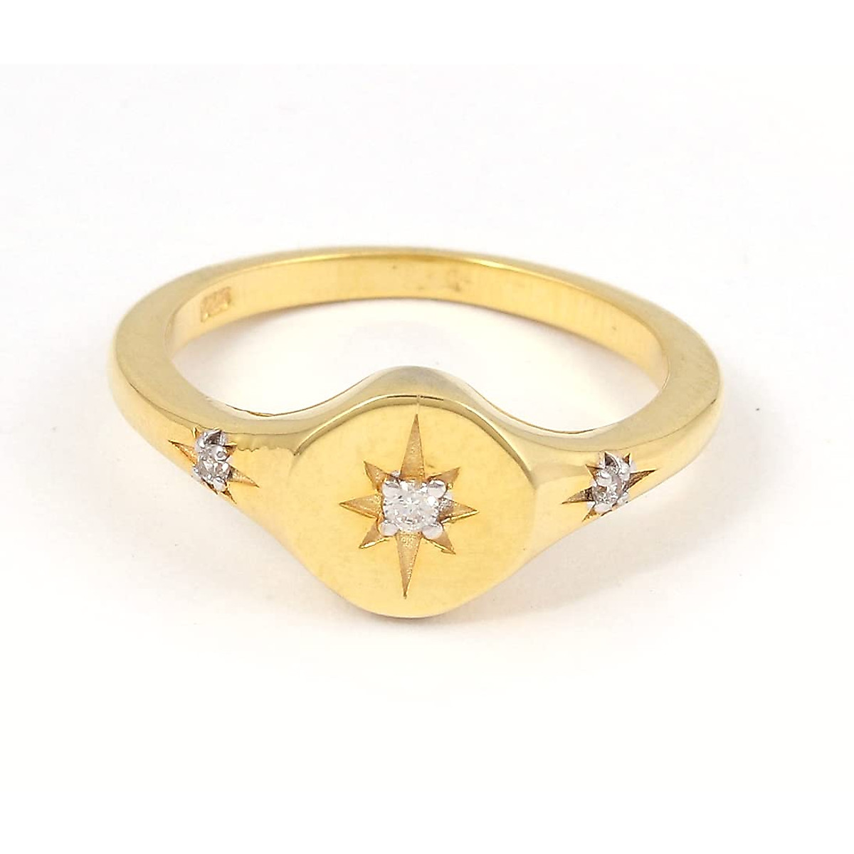 Sterling Silver Signet Ring, Cz Ring, North Star Ring, Polaris Ring, Unique Silver Ring, Star Signet Ring, Starburst Ring, Celestial Ring (White, 9), Yellow,White (Ajr0015)