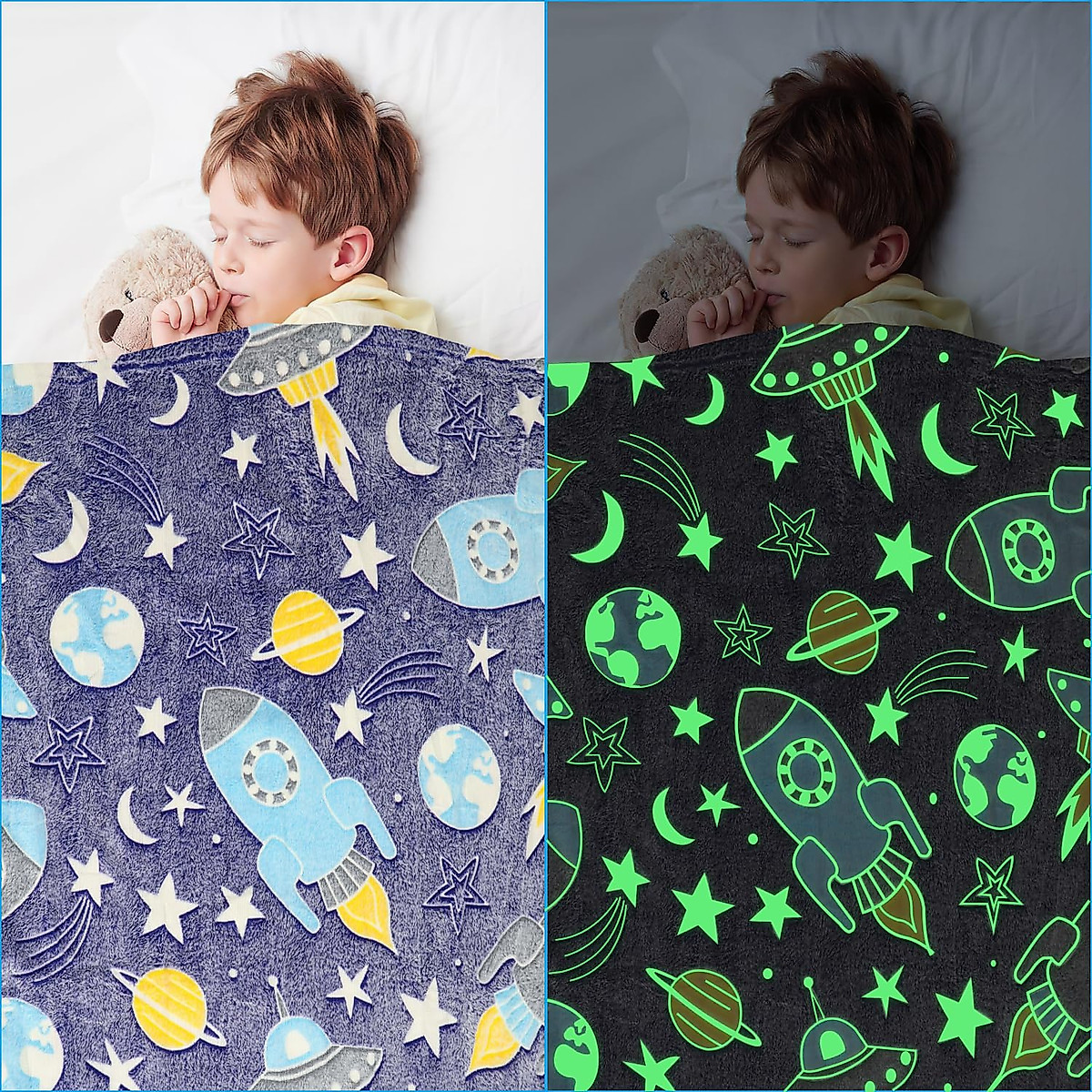 Kirumie Kids Couch Glow in The Dark, Toddler Couches That Fold Out, 2-in-1 Convertible Sofa to Lounger, Soft Kids Sofa with Blanket, Toddler Chair Comfy Sofa for Baby Boys Girls, Space & Blue