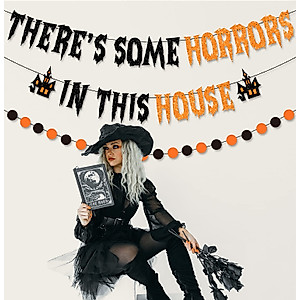PTFNY There's Some Horrors In This House Banner Halloween Party Decorations Glittery Halloween Garland Banner with Haunted House Signs Halloween Circle Dots Banner for Haunted Houses Home Decorations