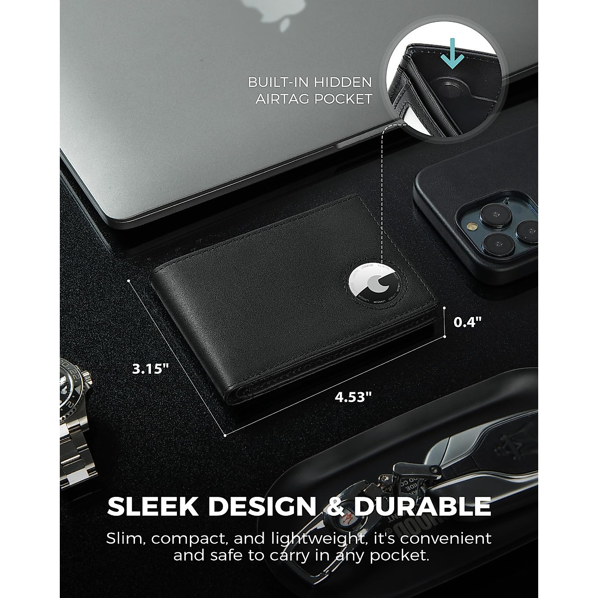 LORZOR AirTag Wallet - Bifold Genuine Leather Mens Minimalist Wallet with AirTag Holder, RFID Blocking Wallet for Apple Air Tag up to 11 Cards Gifts for Men