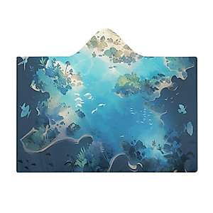 Hooded Blankets Blue Ocean Fish Wearable Hooded Blankets Nature Nautical Ocean Flannel Soft And Comfortable Fit for Kids Adults Teens for Sofa Lounge Bed Napping 50"x60" Spring Summer Blanket Hoodie