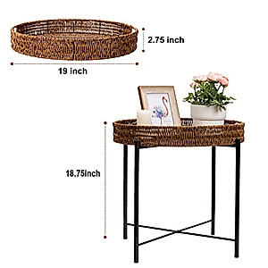 Woven Round End Table Rattan, 19in Small Side Table, Accent Table, Modern Bedside Table,Outdoor Side Tables for Patio,Brown Round End Table for Sofa Living Room Bedroom Office Balcony