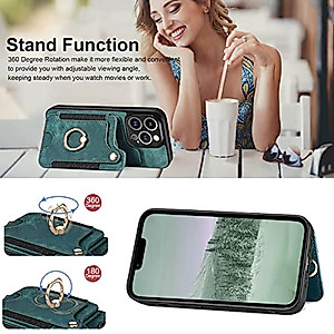 13 Pro Max Phone Case,Card Holder Wallet for iPhone 13 Pro Max Case,Ring Holder Stand,RFID-Blocking,Wrist Strap,Camera Lens Protector,Leather Magnetic Protective Flip Cover for Women Men (Green)