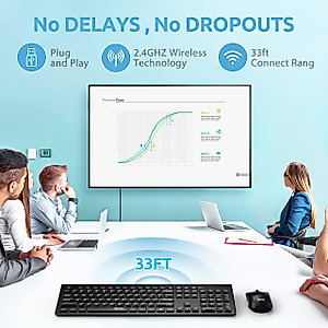 Wireless Keyboard and Mouse, 2.4GHz Ergonomic Compact Quiet Full-Size Computer Keyboard Cordless Mouse Combo with Nano USB Receiver for Windows, Laptop, PC, Notebook (Black)