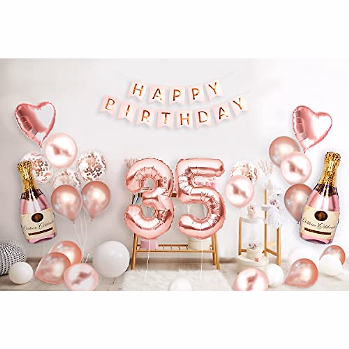 35th Birthday Party Decorations Rose Gold Supplies Big Set for Women with Happy Birthday Balloons Banner and 35 Digit Balloon for Her Including Latex and Confetti Balloons