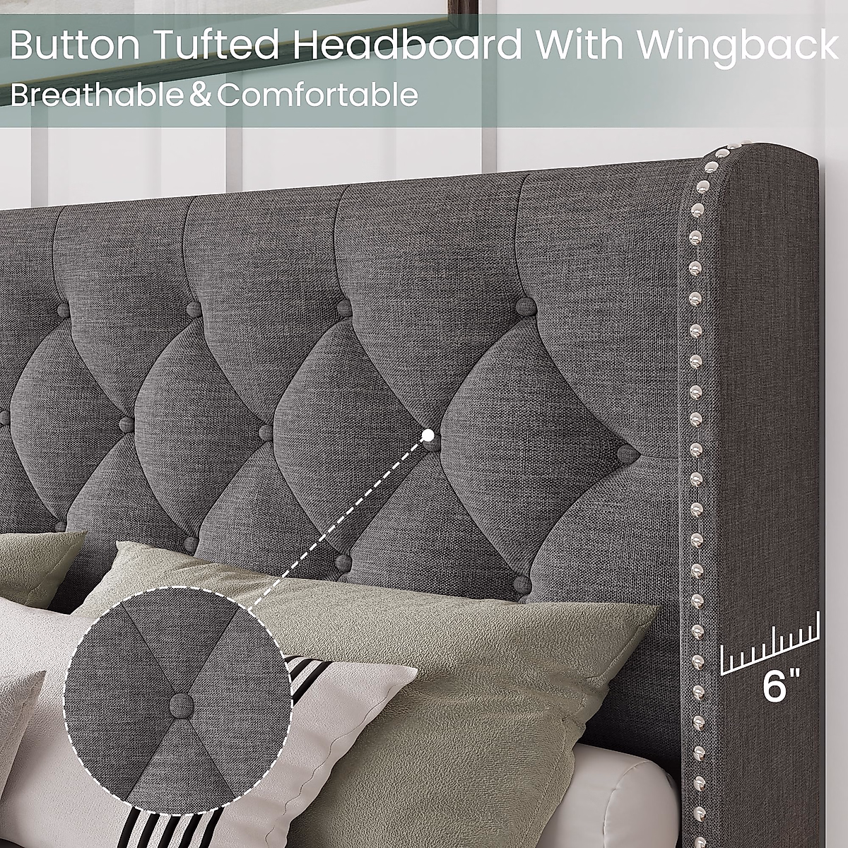 LARMACE Queen Size Bed Frame Linen Upholstered Bed with 4 Storage Drawers and Wingback Headboard Tufted Platform Beds Frame with Wood Slats Support, No Box Spring Needed, Light Grey