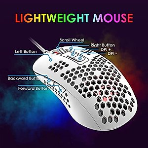 60% Gaming Keyboard and Mouse,Rainbow LED Backlit Gaming Keyboard with Wired Mini Portable Ergonomic 2400 DPI Ultralight Gaming Honeycomb Shell Mouse,Mouse Pad for Windows PC Gamers(White)