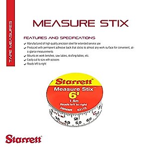 Starrett Tape Measure Stix with Adhesive Backing - Mount to Work Bench, Saw Table, Drafting Table - 3/4" x 6', English Metric, Left-Right Reading - SM66ME