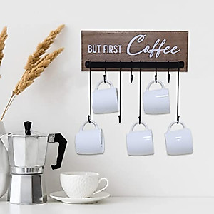 GENMOUS Rustic Coffee Mug Holder Wall Mounted for Mug Rack Organizer, Farmhouse Wood Coffee Cup Holder Tea Mug Rack Wood Storage Display Organizer Hanger for Home Kitchen Coffee Bar Wall Decor Brown