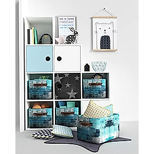 Qumstemily Turquoise Teal Storage Bins for Shelves, Grey Abstract Art Painting Collapsible Storage Box Basket with Handle, Modern Geometric Teal Canvas Hamper Closet Organizers Storage Cubes - 1 Pack