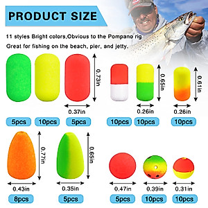 SILANON Pompano Rigs Floats Beads Kit,Foam Snell Fishing Floats Bobbers for Surf Fishing Live Bait Walleye Rig Making Accessories Bullet Cylinder Float for Trout Catfish