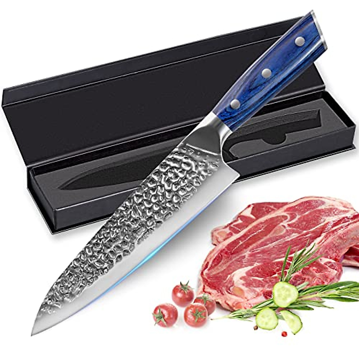Chef Knife, 8 Inch Professional Kitchen Knife, High Carbon Stainless Steel Sharp Knife, Super Sharp Chefs Knives with Ergonomic Handle and Gift Box for Family and Restaurant, Chef gifts, Blue